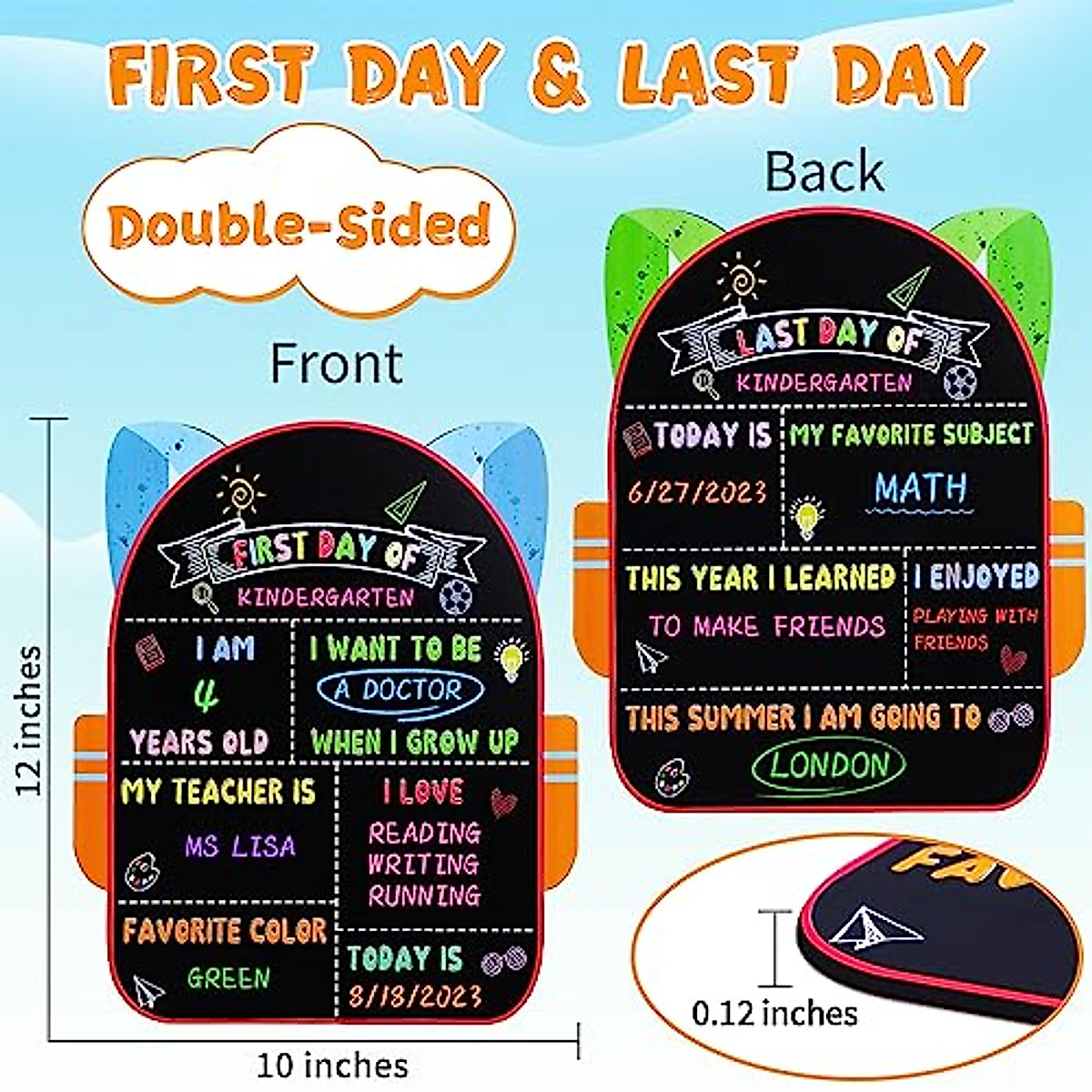 2 Pcs First Day of School Board, 12 x 10 Inch Double Sided First Day of School Sign for Preschool Kindergarten K12, Reusable Back to School Sign Chalkboard Photo Prop Supplies for Kids Girls Boys