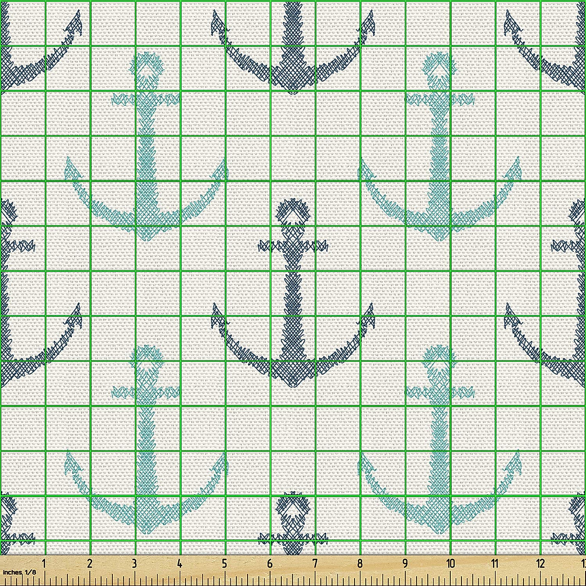 Lunarable Nautical Fabric by The Yard, Line Art Hand Drawn Anchors Minimalism Inspired Maritime Pale Toned Image, Decorative Fabric for Upholstery and Home Accents, 1 Yard, Blue Seafoam