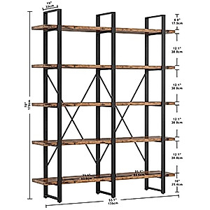 IRONCK Industrial Bookshelf and Bookcase Double Wide 5 Tier, Large Open Shelves, Wood and Metal Bookshelves for Home Office Furniture, Easy Assembly