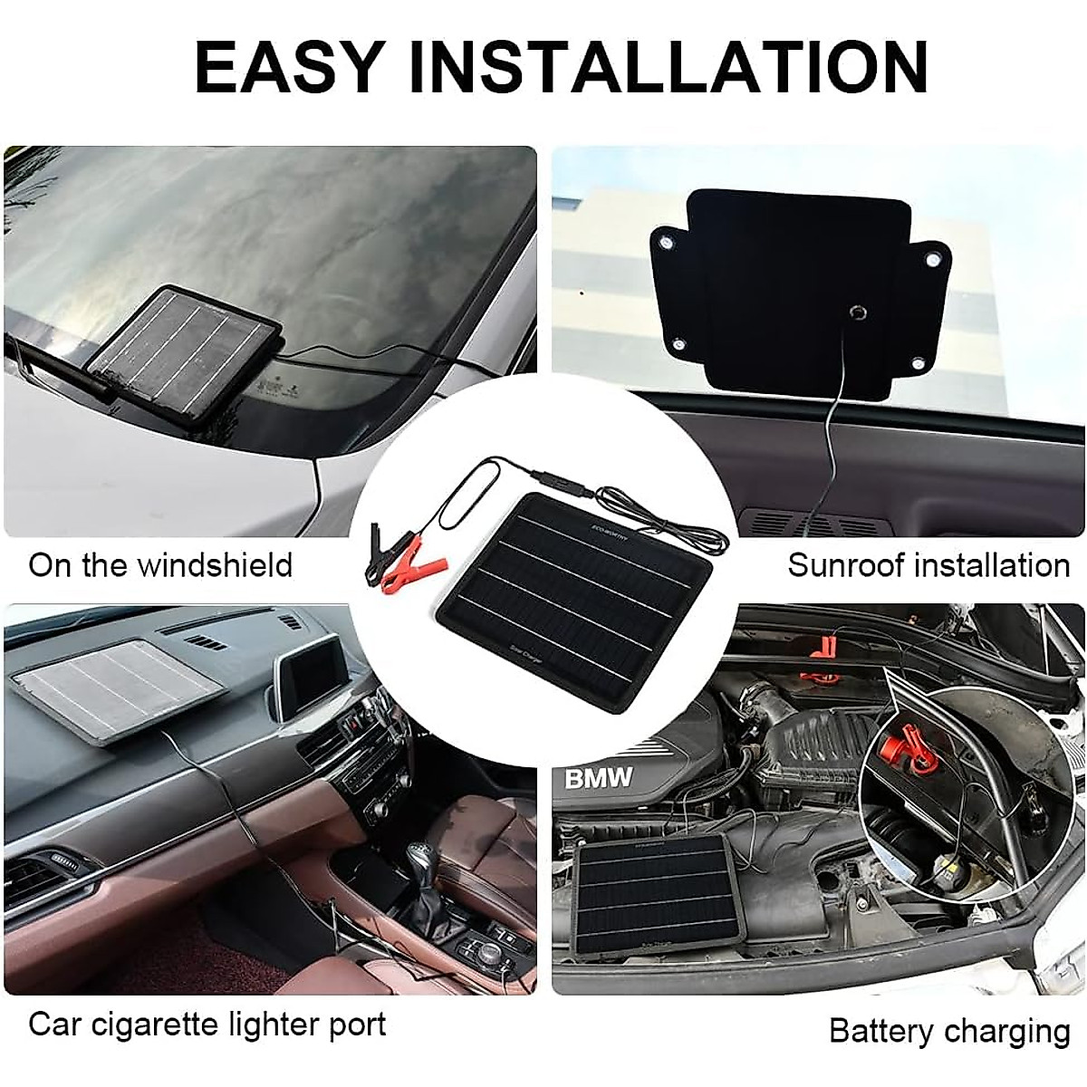 3.5W 12V Solar Panel Car Battery Charger - Portable Waterproof Solar Panel Trickle Charger Maintainer Kit with Cigarette Lighter Plug & Alligator Clip for Car Boat Marine Motorcycles Trailer RV Black