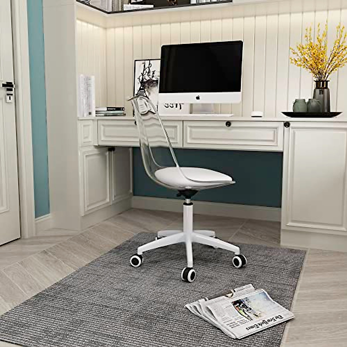 Clear Desk Chair, Plastic Home Office Chair, Acrylic Rolling Chair, Plastic Chairs for Office, Home, Make Up, Small Space, Bed Room (1, Clear/White Base)