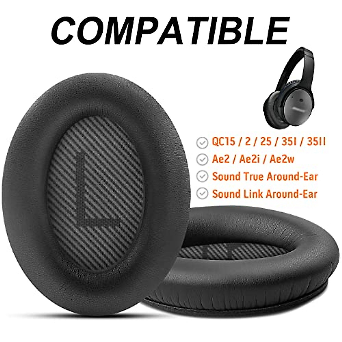 Replacement Ear Pads for Bose QC25 QC35 Headphones Earpads Cushions, Also Fits QuietComfort 2/QC15/QC35II/Ae2/Ae2i/Ae2w/SoundLink1&2/SoundTrue1&2 Around-Ear, Soft and Comfortable Memory Foam