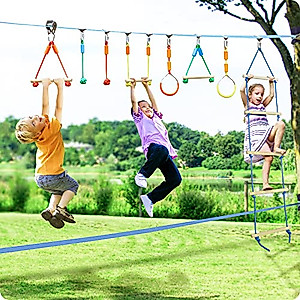 Jugader 2X50ft Ninja Warrior Obstacle Course for Kids with Pulley, Ninja Warrior Slackline Kit with Accessories, Monkey Bars, Gym Rings,Climbing Ladder