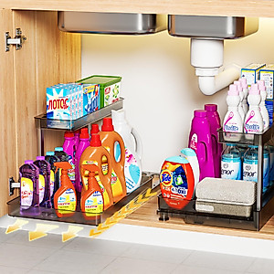 2 Pack Under Sink Organizer and Storage, 2 Tier Sliding Under Sink Shelf, L Shaped Pull Out Cabinet Basket Organizer, Multi-Purpose Slide Out Organizer Rack for Bathroom, Kitchen