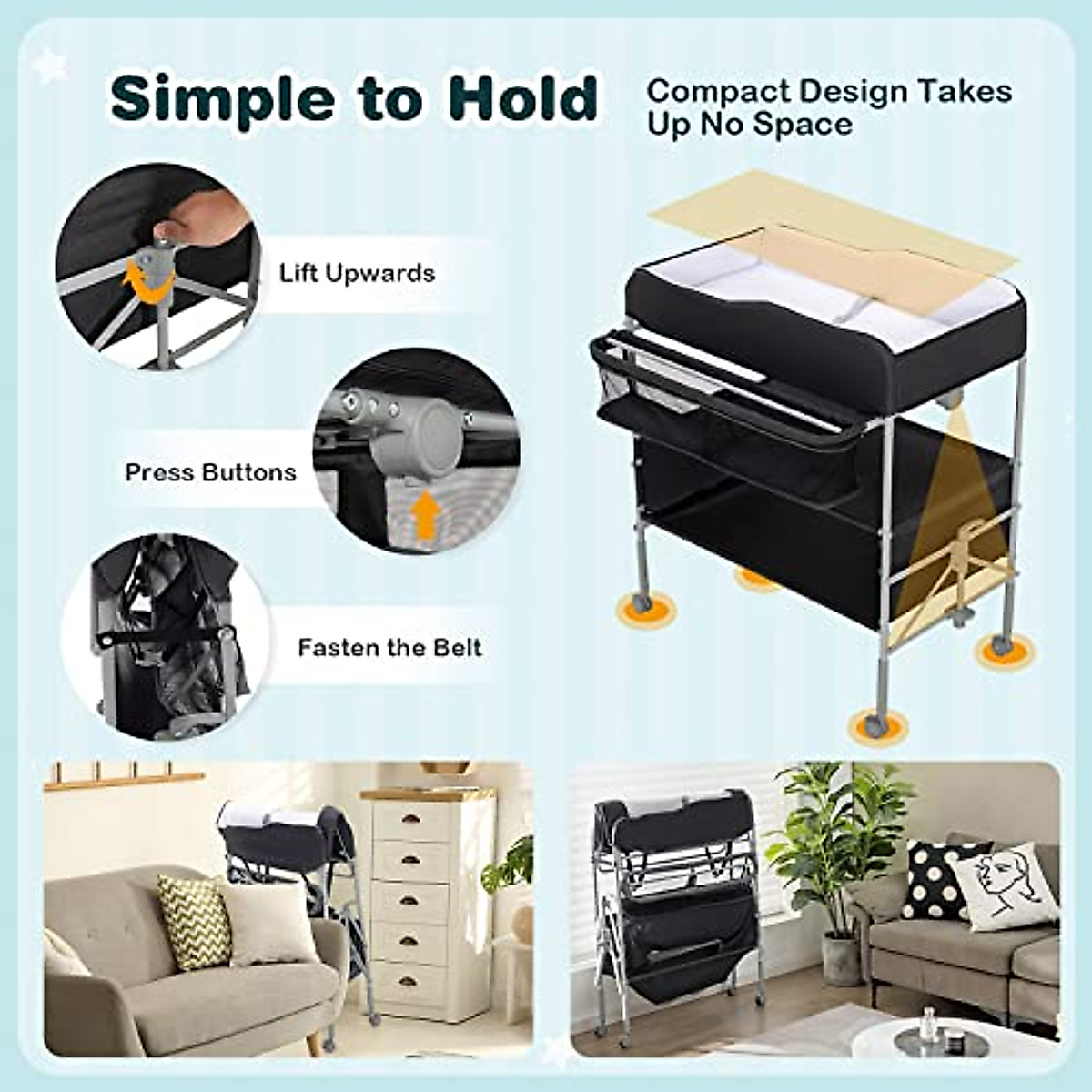 HONEY JOY Portable Baby Changing Table, 3-Tier Foldable Changing Station w/Wheels for Infant, Waterproof Diaper Changing Pad, 4 Adjustable Heights, Side Storage Basket for Newborn Essentials (Black)