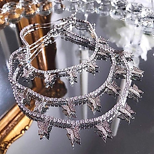 Jacruces Butterfly Necklace Tennis Chain Butterfly Choker Bling Iced CZ Butterfly Necklace Silver Women (16, 3mm-Silver)