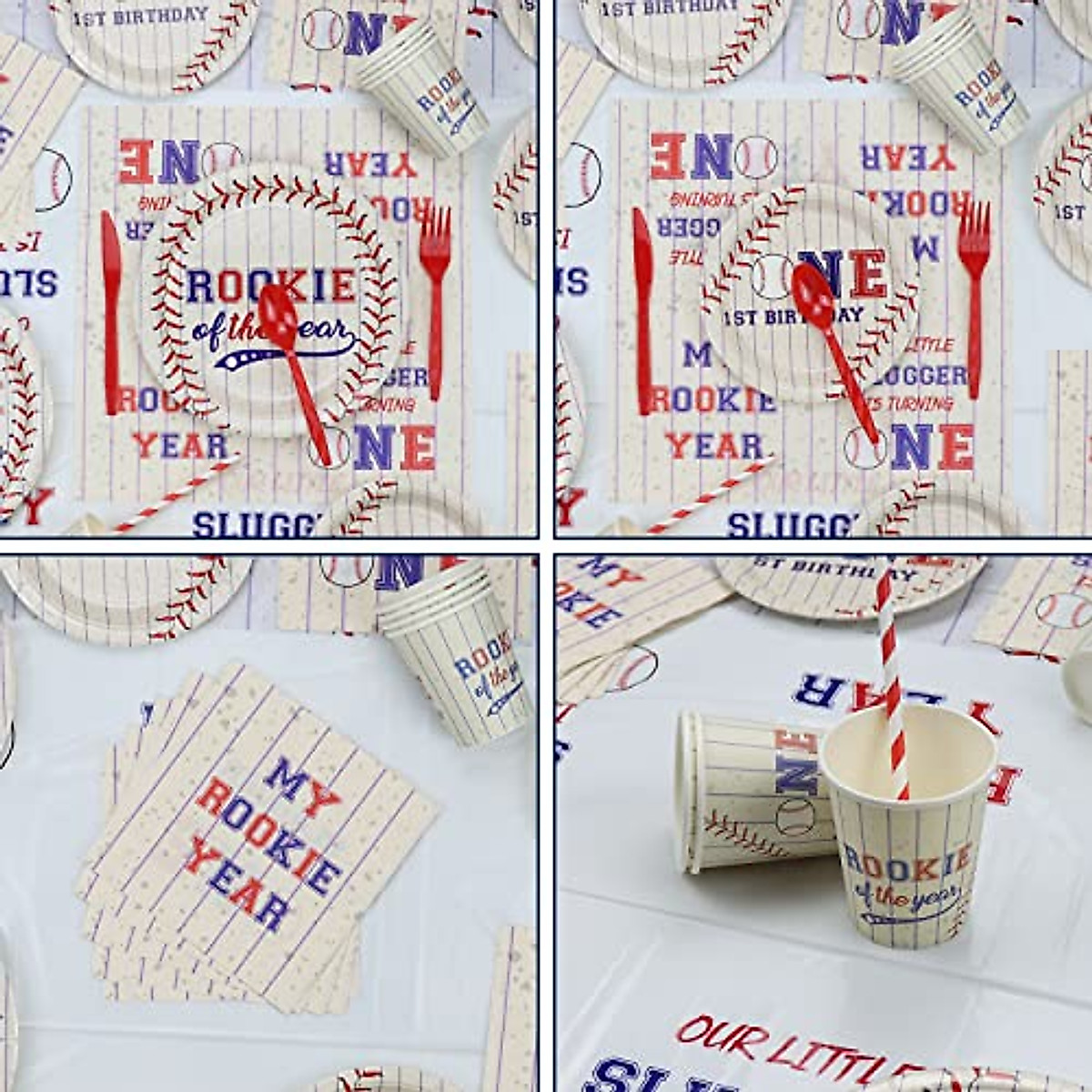 Baseball 1st Birthday Party Supplies, Includes Rookie of The Year Banner, Backdrop, Tablecloth, Balloons, Plates, Napkins, Cups and Straws for Boys Baby First Baseball Party Decor, Serves 20 Guests