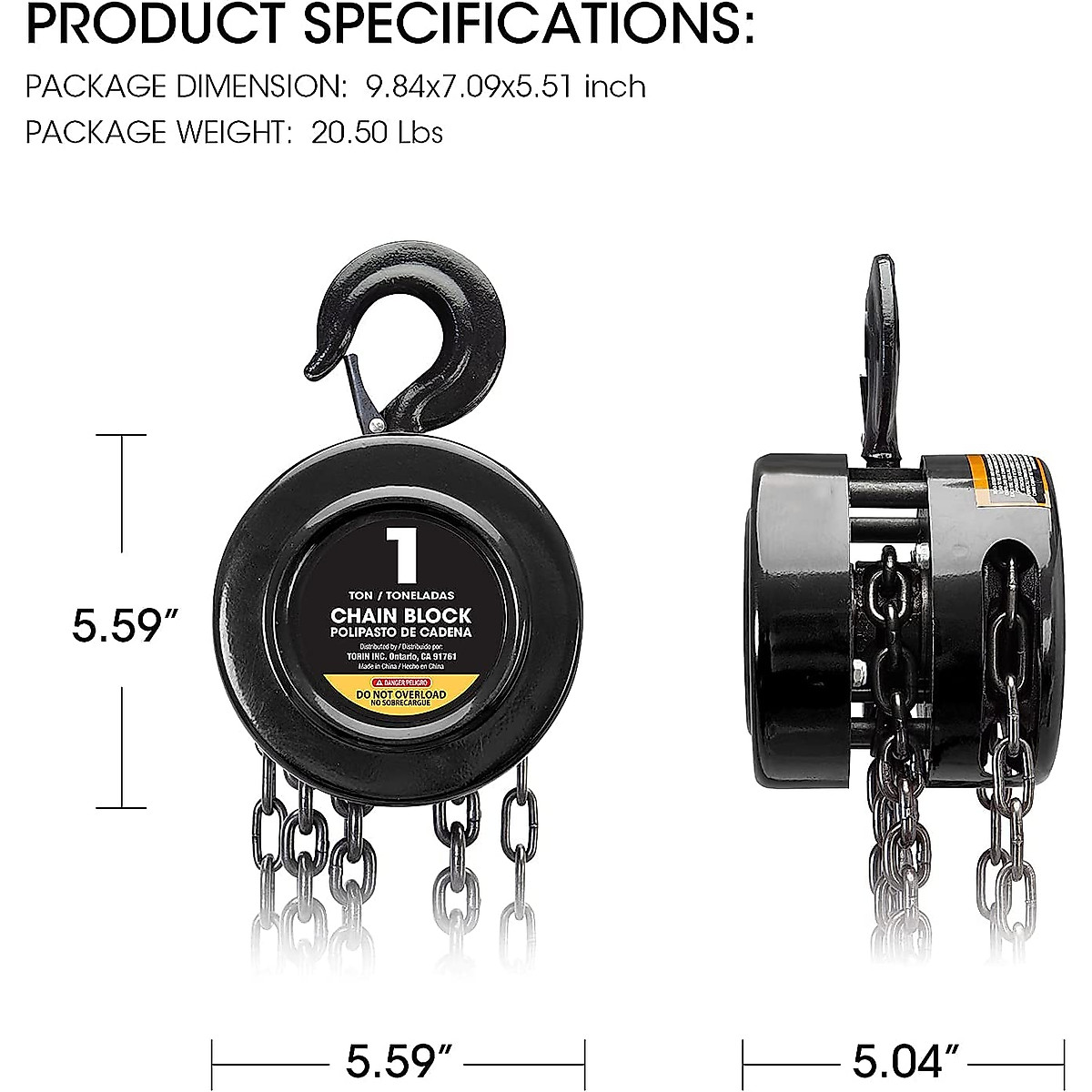 Torin ATR9010B Manual Hand Lift Steel Chain Block Hoist with 2 Heavy Duty Hooks, 1 Ton (2,000 lb) Capacity,8ft/2.5m Black