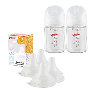 Pigeon Glass Baby Bottle(5.4 Oz, Pack of 2) with 4 Latch-On Line Silicone Nipples, Newborn Feeding Set(0~3M)