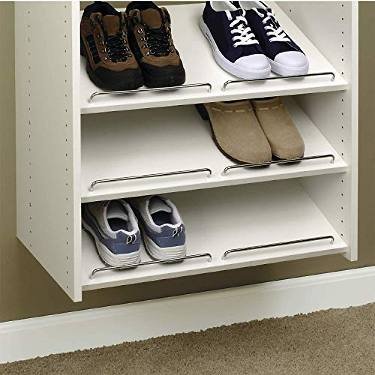 Easy Track 24 Inch Slanted Shoe Storage Shelves with Chrome Fence Rails for Closet Organizer Vertical Panels, White (3 Pack)