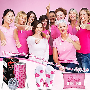 Breast Cancer Survivor Gifts Breast Cancer Awareness Tumbler Engraved with Hope Strength Cure Inspirational Gift Cosmetic Pouch Makeup Bag and Breast Cancer Socks for Women (Pink, Stylish Style)