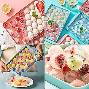 SCEssentials Round Ice Cube Tray with Lid Bin Ball Maker Mold for Freezer Container Mini Circle Making 99 piece Sphere Chilling Cocktail Whiskey Tea Coffee 3 Trays 1 Bucket Scoop total PACKS Blue