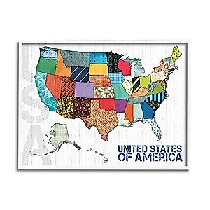 Stupell Industries United States of America Map Quilted Pattern Borders, Designed by Lauren Gibbons White Framed Wall Art, 11 x 14, Multi-Color