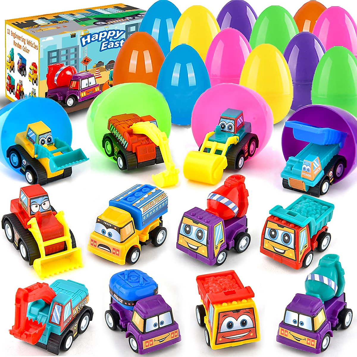 Easter Basket Stuffers for Toddler Easter Gifts for Boys Easter Egg Stuffers Easter Baskets for Kids 12 filled Easter Eggs with Toys inside Pull Back Construction Vehicles Fillers Classroom Favors