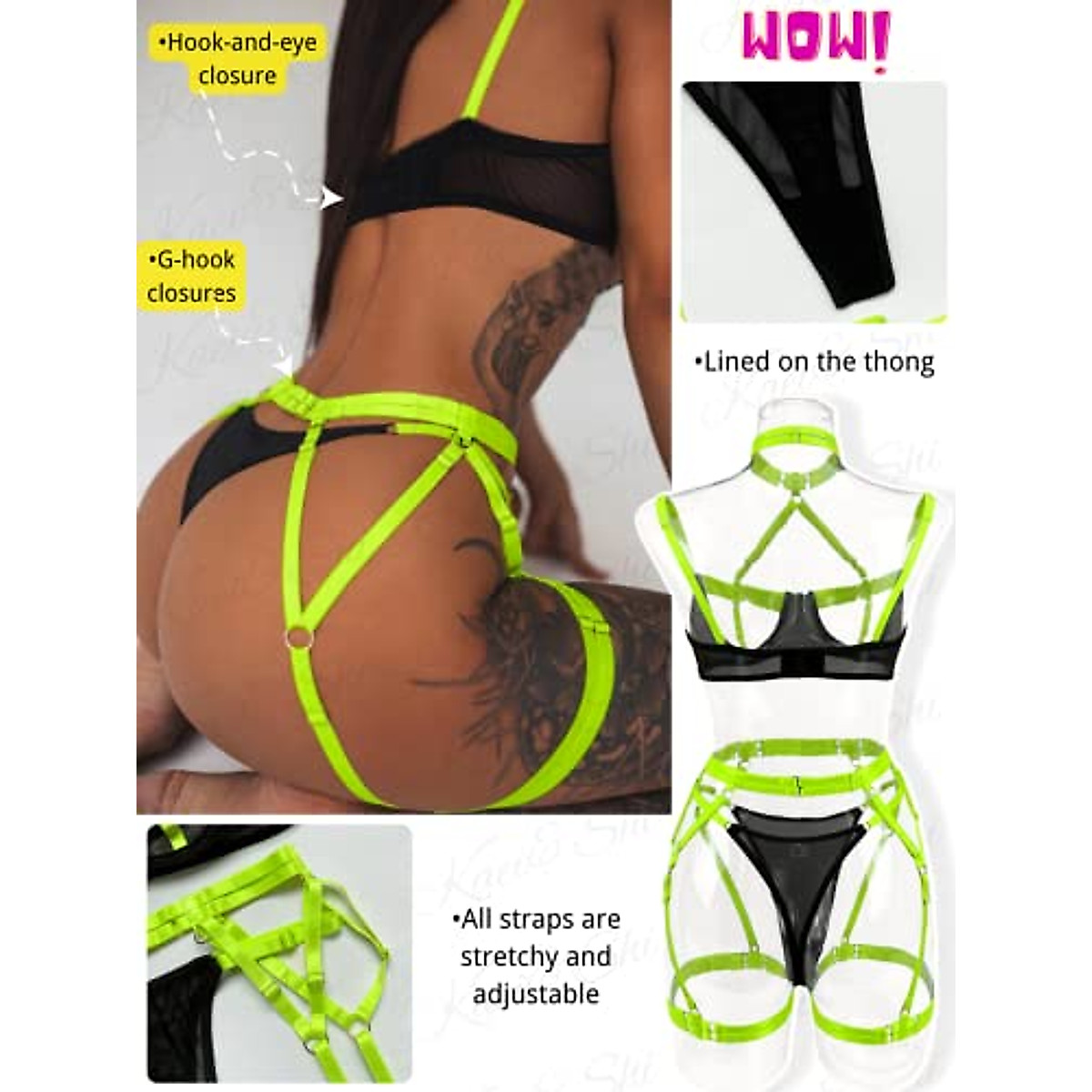 Kaei&Shi Garter Lingerie For Women,Glow In The Dark Blacklight Strappy Underwire Choker Sexy Lingerie,Adjustable Straps Sheer Thong Belt Matching 4 Piece Lingerie Set Boudoir Neon Green Medium