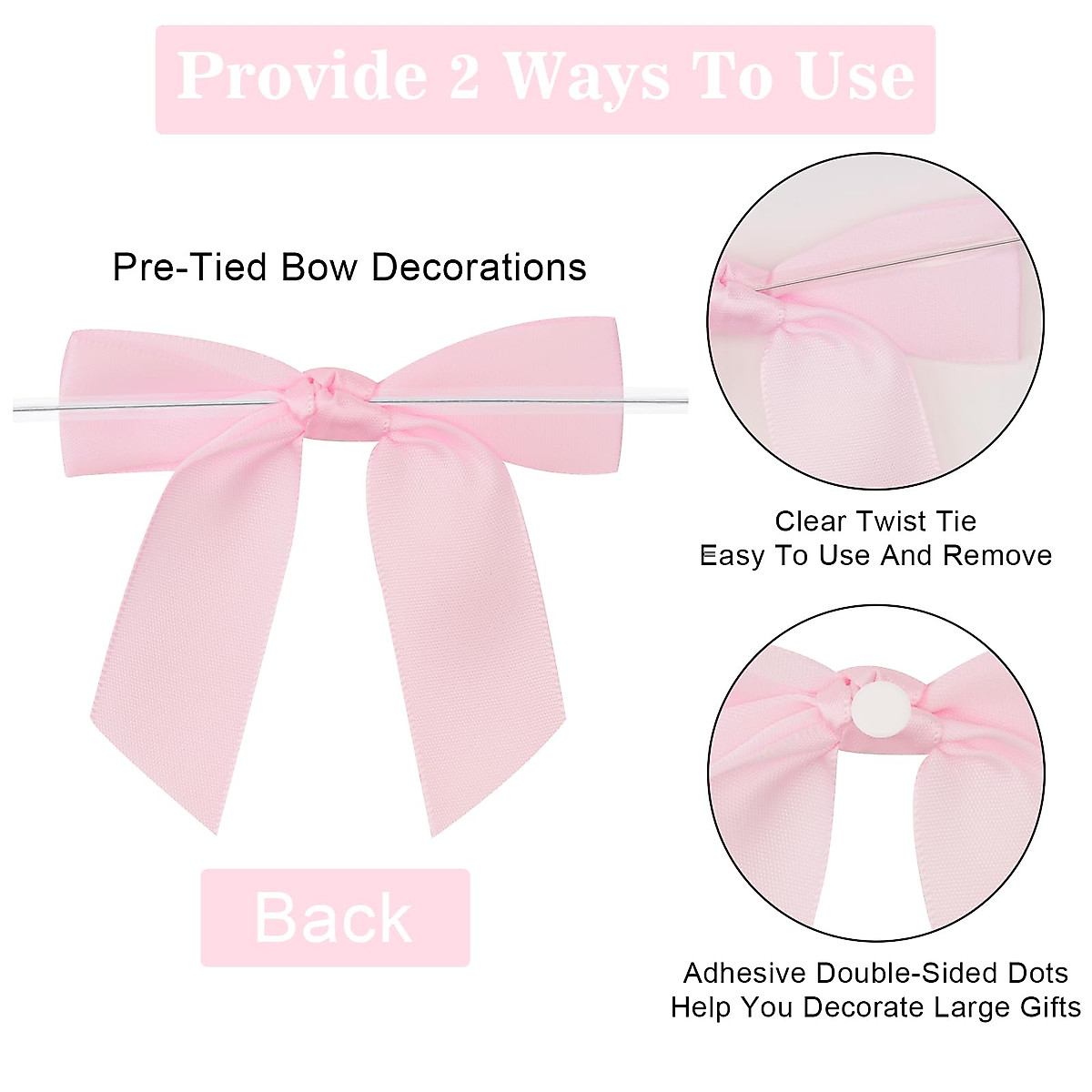 Anwyll Twist Tie Bows,Pink Satin Ribbon Bows,50Pcs Wedding Favor Ribbon Bows,3.5'' Pre-Tied Pink Gift Bows for Gift Wrapping Treat Bag Present Craft Birthday Party Bridal Shower Halloween Thanksgiving
