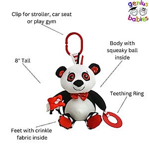 Genius Baby Toys Panda Soft Sensory Toy with Teething Ring for Baby, Attaches to Stroller, 8"