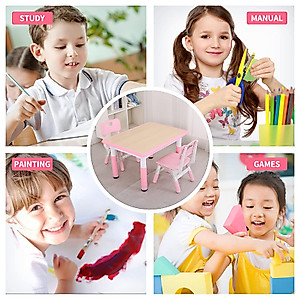 UNICOO - Kids Study Table and Chairs Set, Height Adjustable Plastic Children Art Desk with 2 Seats, Kids Multi Activity Table Set (Maple Top with Pink Border) BY-60-MP