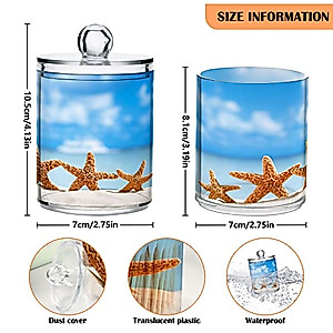 ALAZA Starfish Ocean Blue Sky 2 Pack Qtip Holder Dispenser with Lid 14 Oz Clear Plastic Apothecary Jar Containers Jars Bathroom for Cotton Swab, Ball, Pads, Floss, Vanity Makeup Organizer