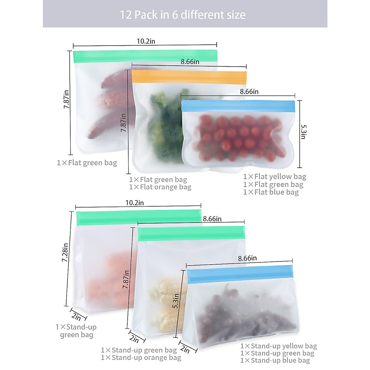 Reusable Food Storage Bags - Axbima 12 PACK PEVA Reusable Freezer Bags for Sandwich - Stand-up Reusable Snack Zip lock bags for Home/Travel Meat Fruit Vegetables Cereal Nuts (Multicolored)