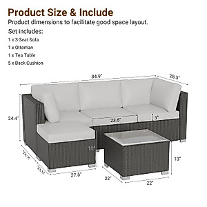 GarveeLife 5-Piece Outdoor Patio Rattan Wicker Sofa Set, Pe Rattan Conversation Sectional with Thickened Back Cushion, Glass Tabletop, Ottoman - Ideal for Courtyard Space, Light-Grey