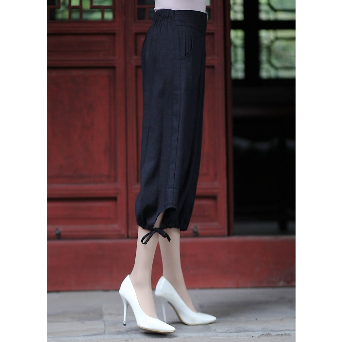 Shanghai Story Women Linen Elastic Waistband Wide Leg Capri Pants Black XL
