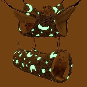 EAEDMY Luminous Noctilucent Glow Guinea Pig Rat Hammock Tunnel, Ferret Hanging Bunk Bed Hammock, Rat Ferret Guinea Pig Hideout and Soft Bed for Small Animals (1.Moon Bunkbed Hammock and Tunnel)