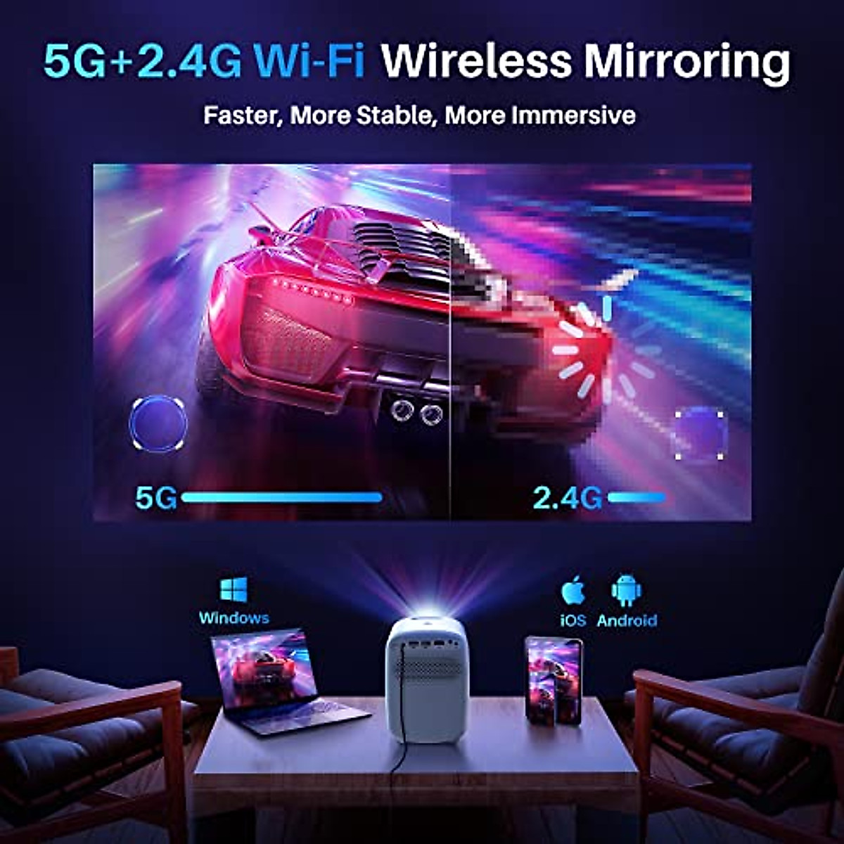 WiFi Projector - MUDIX Movie Projector Native 1080P 2.4+5G WiFi Portable Video Projector, 12500 Lumens Mini Projector with Remote Control HD AV USB for Phone Laptop DVD, iOS Android Wireless Display