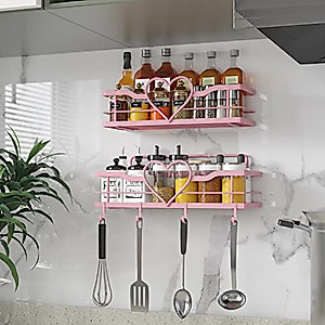FLCITY Sweet Heart Shower Caddy with 4 Hooks, 2pcs No Drilling Self Adhesive Shower Organizer Shelf, Stainless Steel Bathroom Shower Shelf, Rustproof Shower Rack for Bathroom Kitchen Storage