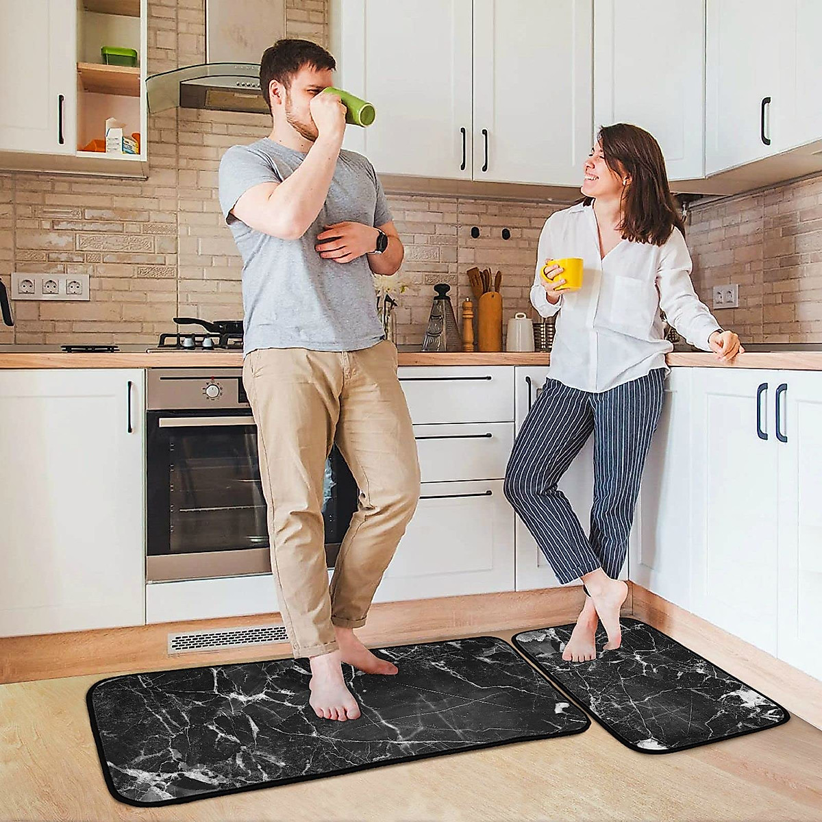 BOENLE Black Textured Marble Kitchen Rugs and Mats Non Skid Washable Kitchen Rug Set 2 Piece Carpet Ergonomic Comfort Standing Mat for Kitchen,Bathroom, Laundry