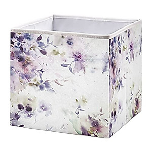 Ollabaky Watercolor Floral Cube Storage Bin, Foldable Fabric Storage Cube Basket Cloth Organizer Box with Handle for Closet Shelves, Nursery Storage Toy Bin, S