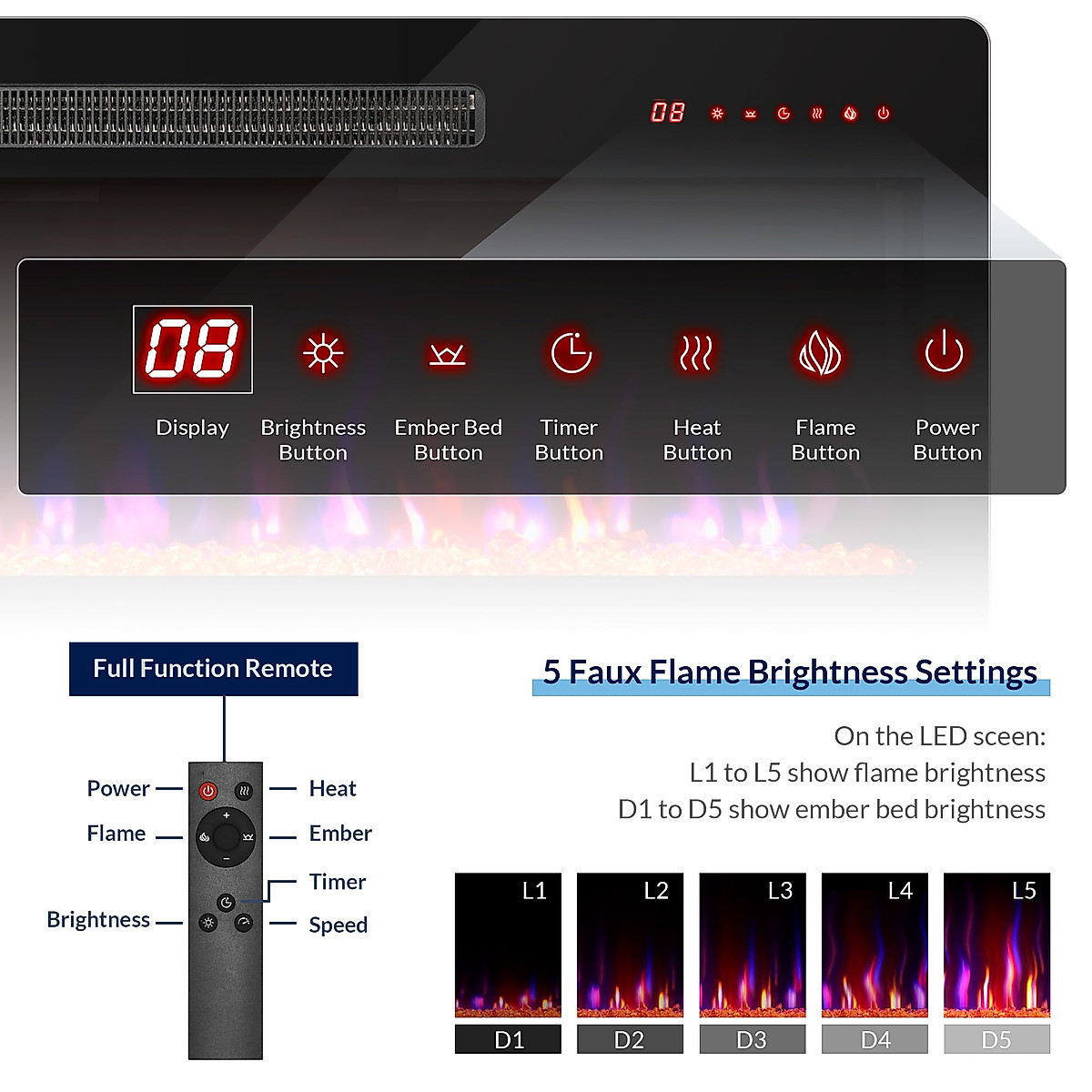 BELLEZE 42" Electric Fireplace Heater, 1400 W Recessed & Wall Mounted Electric Fireplace with Remote Control, Heater with Adjustable Flame Color and Brightness, Timer, Touch Screen