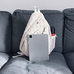 Light Beige Quilted Nylon Sling Bag for Women, Big Unisex Lightweight Everyday White Crossbody Travel Backpack with Hidden Pockets and Bottle Holder