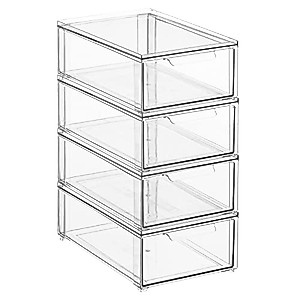 mDesign Plastic Stackable Kitchen Storage Organizer Bin Containers with Front Pull Drawer for Cabinet, Pantry, Fridge, Freezer, Shelf, Refrigerator Organization - Lumiere Collection - 4 Pack - Clear