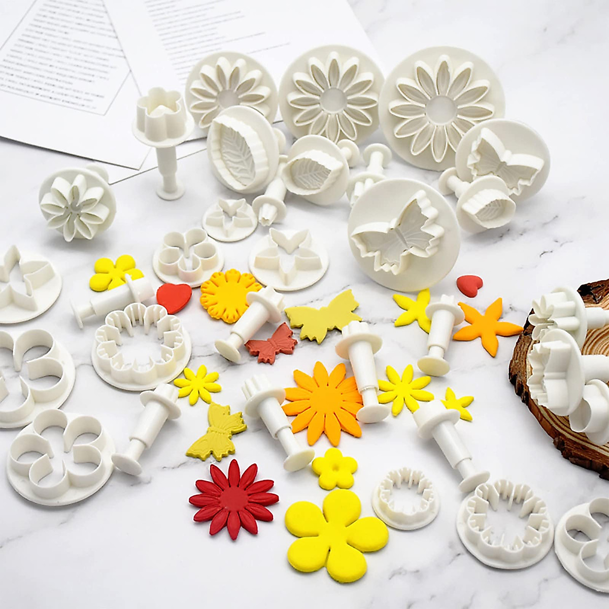 KORIXINE Cookie Cutters 36 Piece Fondant Cake Cookie Plunger Flower Daisy Blossom Leaf Butterfly Heart Shape Decorating Mold DIY Gum Paste Cookie Stamps Set Mini Clay Plunger