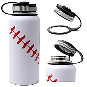 32 oz Baseball Softball Water Bottle, Wide Mouth Sports Flask Metal Travel Tumbler with 2 Lids 18/8 Stainless Steel Double Wall Vacuum Insulated (32oz, White baseball)