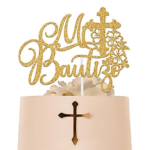 Mi Bautizo Cake Topper, Mi Primera Comunion, First Holy Communion, Bridal Shower/Wedding/Baptism/Christening Baby Shower Party Decorations, Gold Glitter