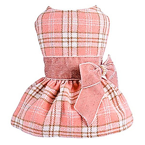 Winter Dog Dress for Small Dogs Girl, Pink Plaid Dog Dresses Winter Warm Fleece Lining Female Small Dog Clothes, Pet Outfits Coat, Cat Apparel for Holiday,Christmas,Small,Yikeyo