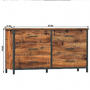 IKENO 6 Drawer Double Dresser, Industrial Wood Storage Dresser Clothes Organizer with Sturdy Steel Frame, Storage Dresser for Bedroom
