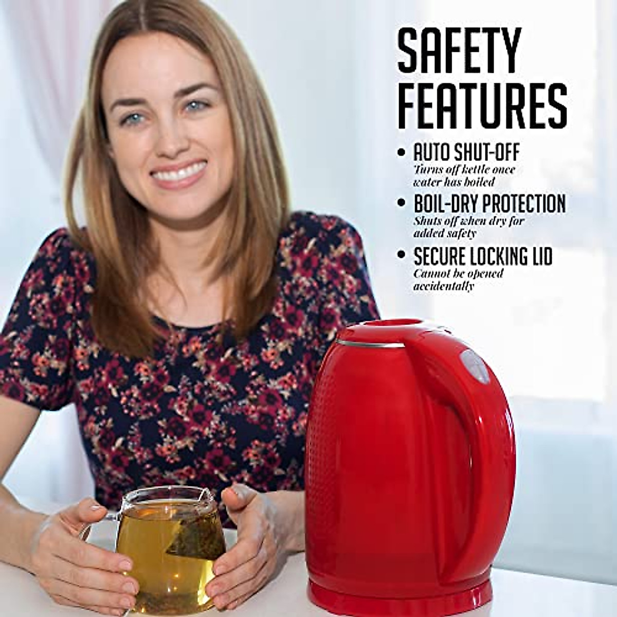 OVENTE Portable Electric Kettle Stainless Steel Instant Hot Water Boiler Heater 1.7 Liter 1100W Double Wall Insulated Fast Boiling with Automatic Shut Off for Coffee Tea & Cold Drinks, Red KD64R