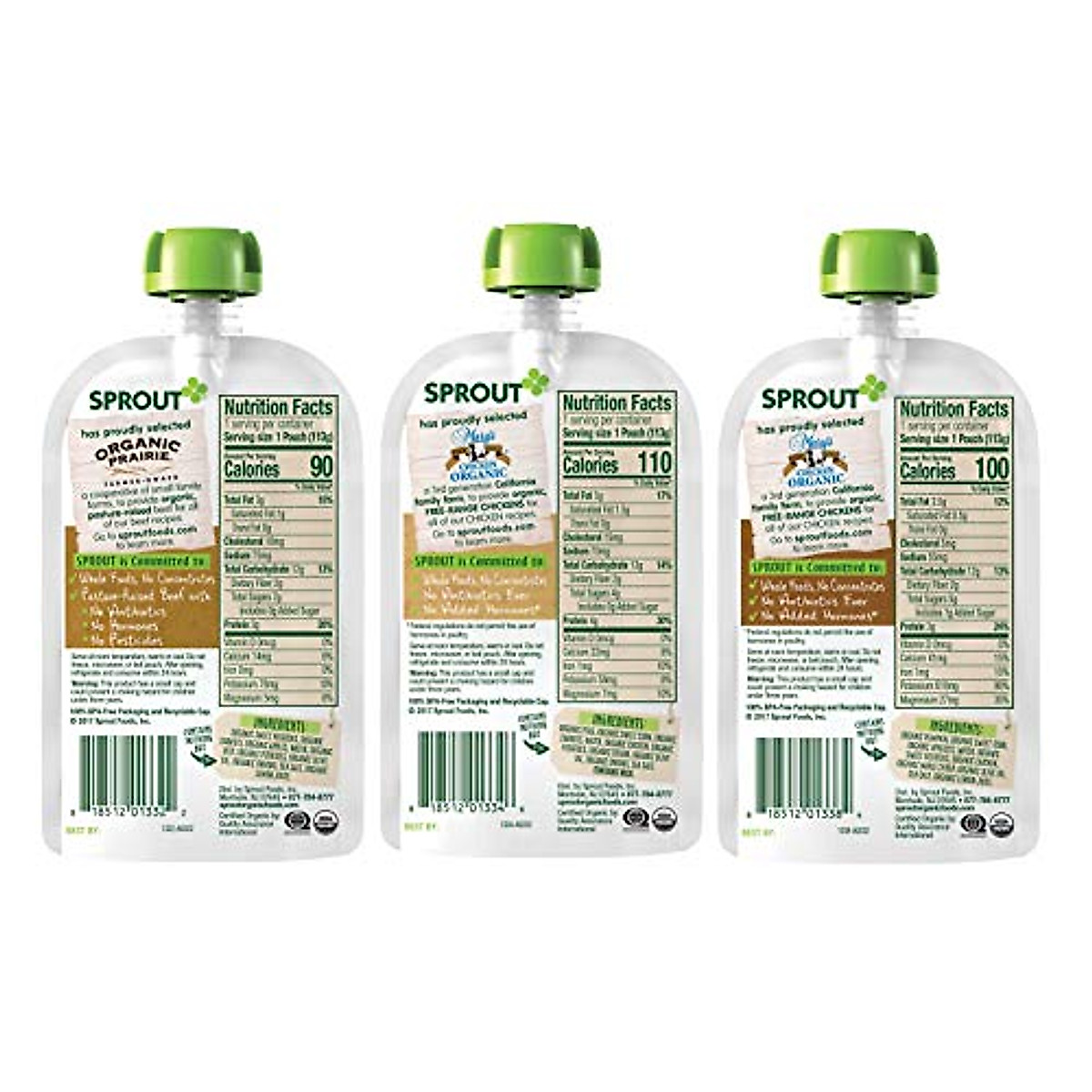 Sprout Organic Baby Food, Stage 3 Pouches, Root Veg & Beef, Creamy Veg & Chicken, Harvest Veg & Chicken Variety Pack, 4 Oz Purees (Pack of 18)