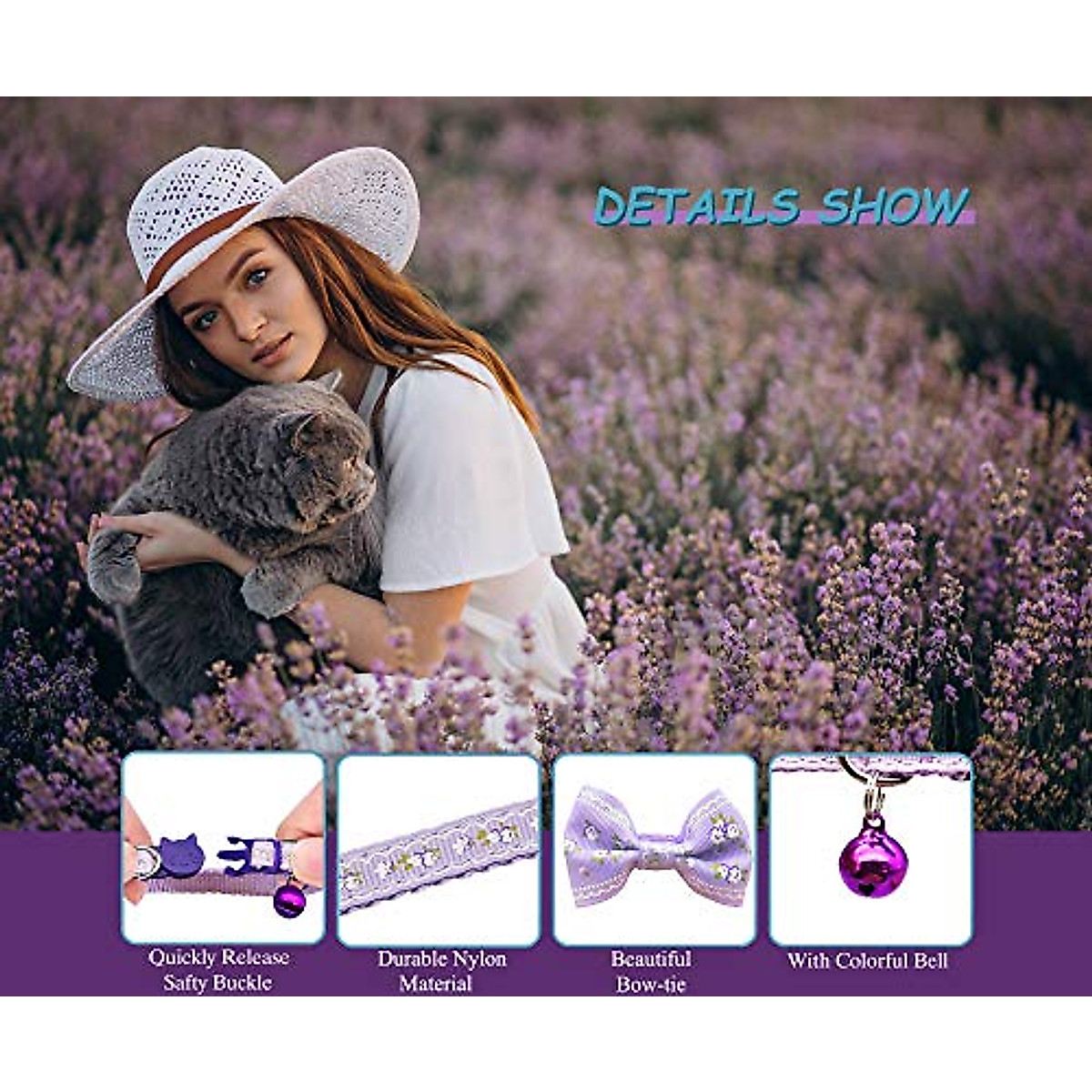 IDOLPET 4PCS Cat Collar Small Floral Cat Collar Safety Quick Release with Bell Cat Collar Adjustable Cat Collar with Bowtie for Cat Pup Kitty