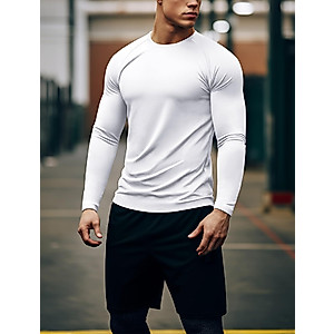 Long Sleeve Workout Shirts for Men Dry Fit(White,L)