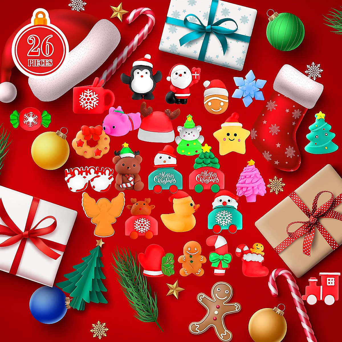 LIAM&AVA Christmas Squishy Toys, 26 PCS Mochi Squishies Bulk Toy for Girls Boys Kids, Christmas Party Favors, Fidget Sensory Goodie Bags Filler Gifts Decorations