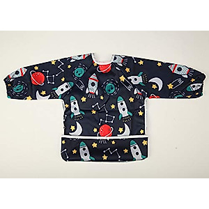Sigzagor Baby Bib Sleeved Shirt with Pocket 1-3 Years Old Toddler Painting Drawing (Rocket)