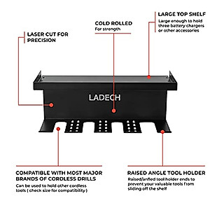 LADECH Cordless Drill Tool Organizer - Drill holder storage wall mount shelf rack and charging station to optimize garage organization and power tool storage (Drill holder & Shelf)