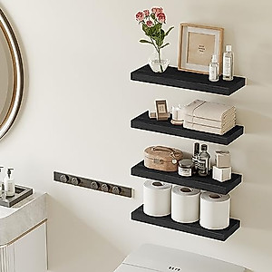 Fixwal 15.8in Floating Shelves, Rustic Wood Finish Wall Shelves Set of 4, Shelves for Wall Decor, with Invisible Brackets for Bathroom, Living Room,Bedroom and Kitchen(Black)
