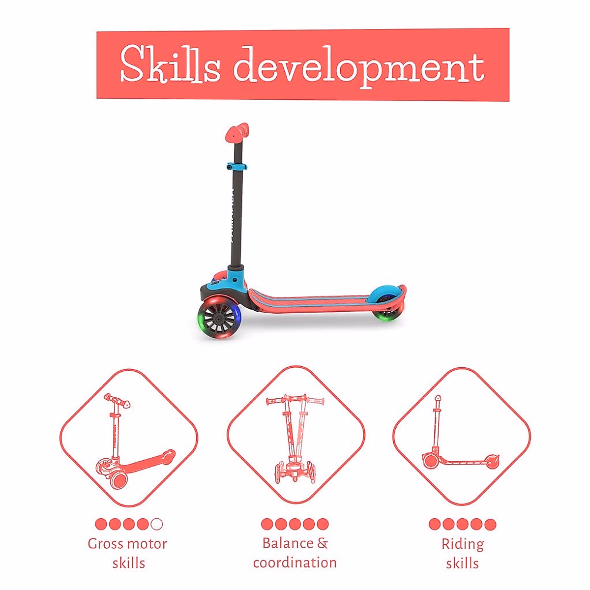 Chillafish Scotti Glow 3-Wheel Lean-to-Steer Scooter with Light-up Wheels, twintip Antislip Deck and Integrated Brake, Adjustable Height Handlebars, Comfy handgrips, for All Ages 3 and up, Red