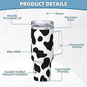 deaokluy 40 OZ Cowhide Print Ice Bully Cup with Handle Straw Lid, Double Wall Stainless Steel Tumbler Travel Coffee Cup, Black and White Insulation and Cooling Cup for Christmas Birthday Present