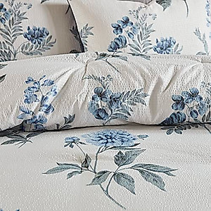 Madison Park Zennia Farmhouse Comforter Set with Throw-Blanket, Floral Print on Seersucker Textures, All Season Bedding, Matching Shams, Toss Pillows, Full/Queen(90"x90"), Blue 7 Piece